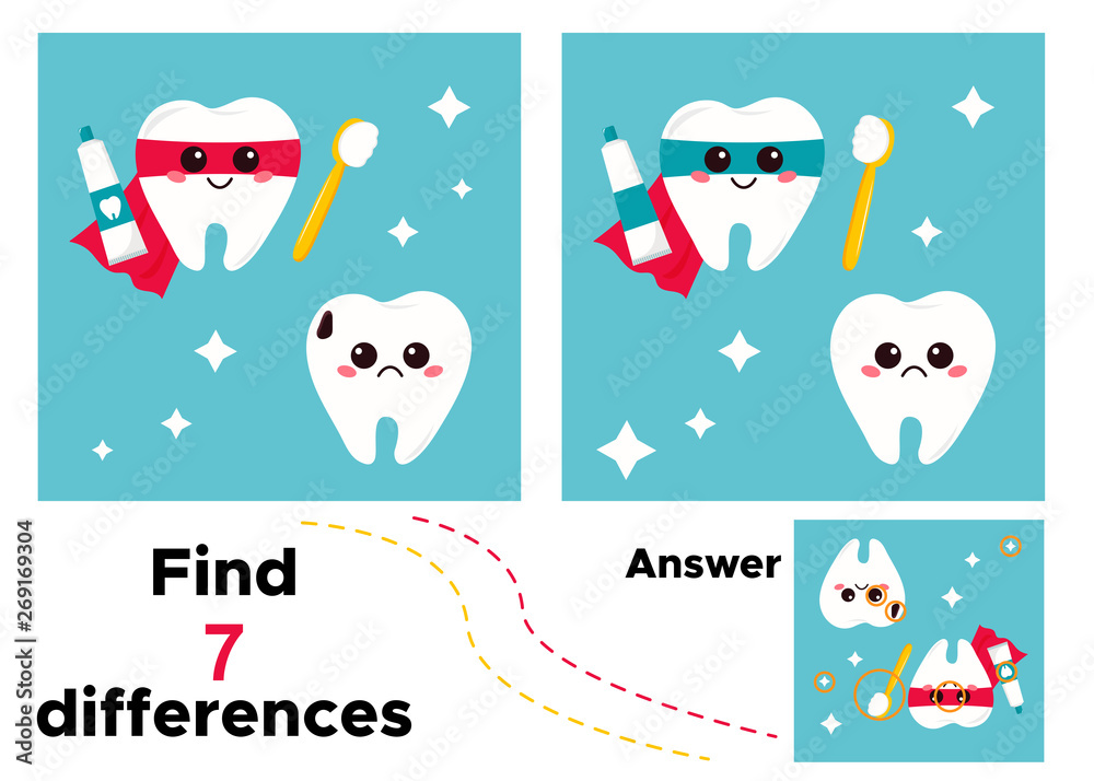 Educational game for kids. Kawaii cartoon tooth superhero with ...