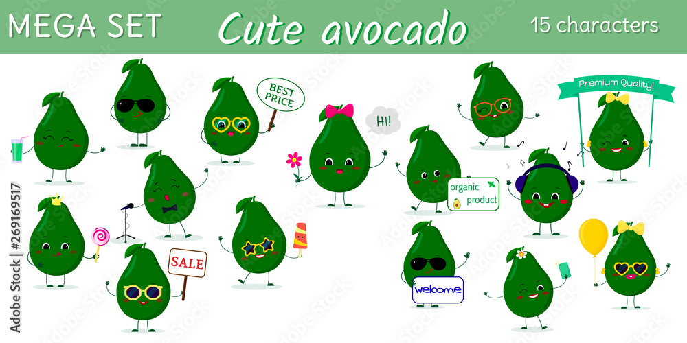 Mega set of fifteen cute kawaii avocado fruit characters in various ...