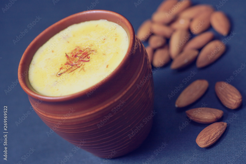 Indian traditional drink almond milk with saffron. Badam milk Stock ...