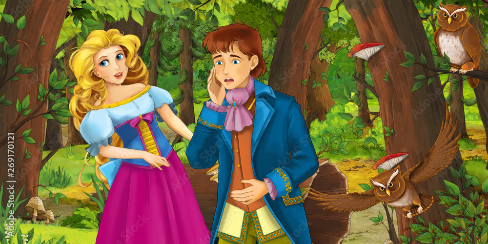 cartoon scene with happy young girl and boy prince and princess in the ...