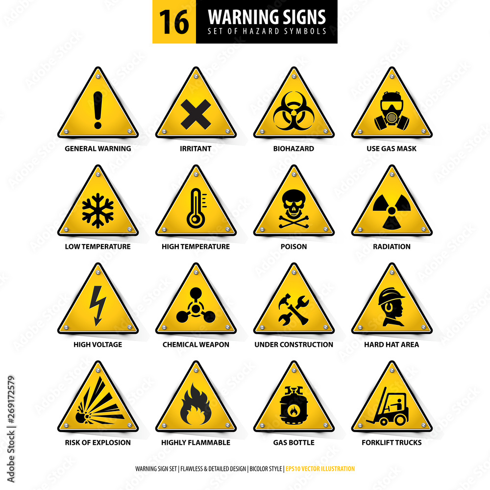 vector set of warning signs, collection of hazard symbols, 16 high ...
