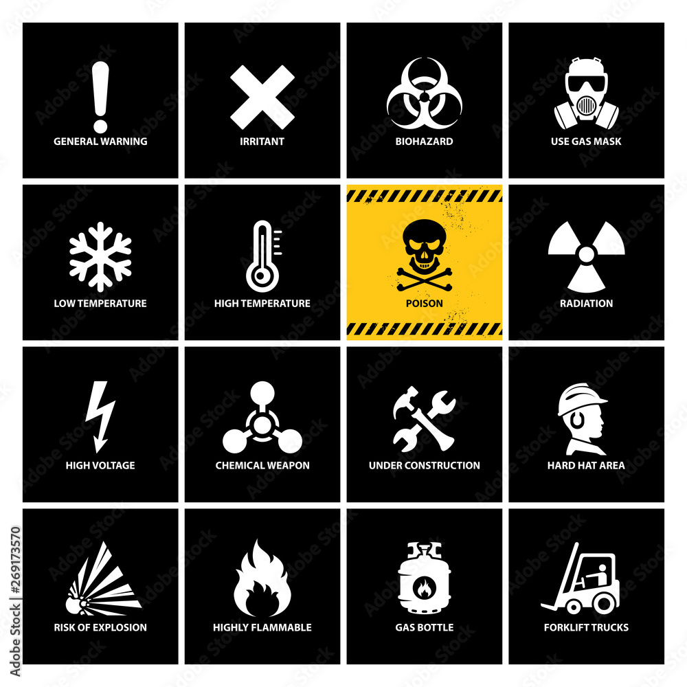 vector set of warning icons, isolated flat style danger emblems ...