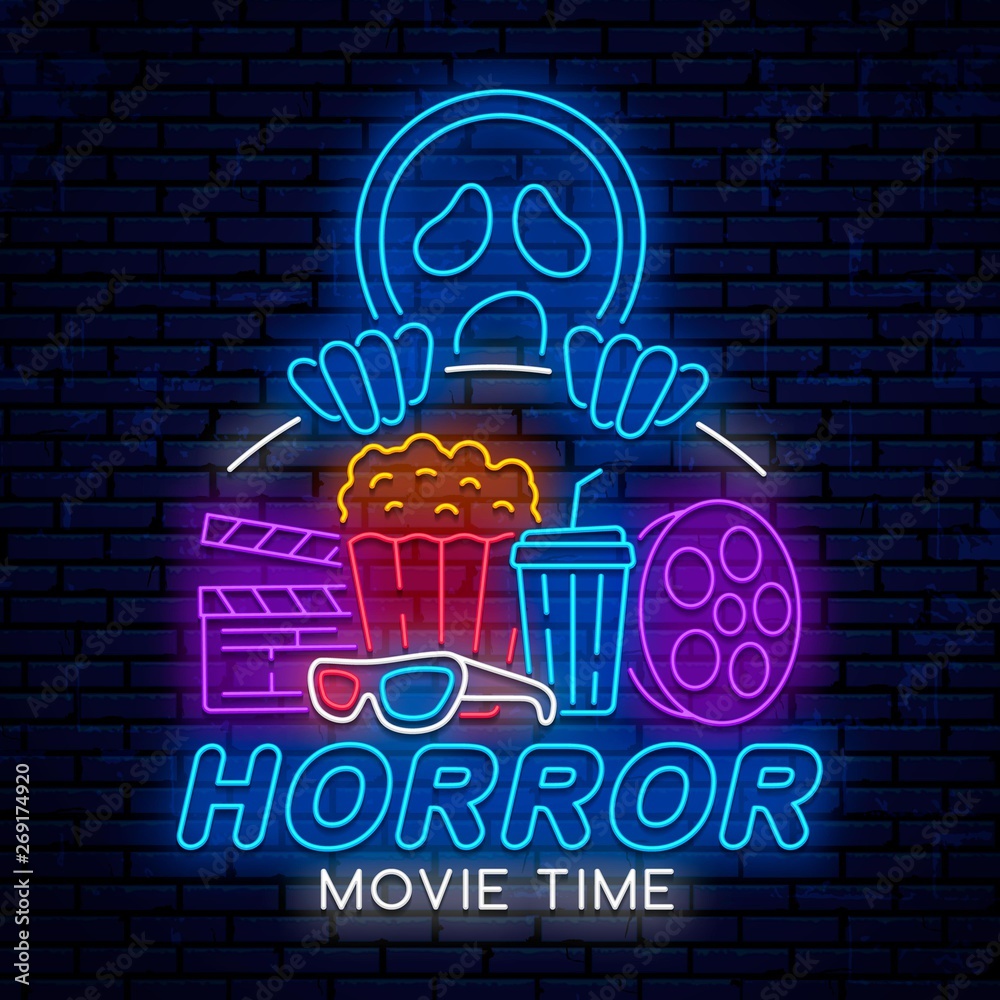 Horror movie time, night neon sign, ad, poster, billboard for cinema ...