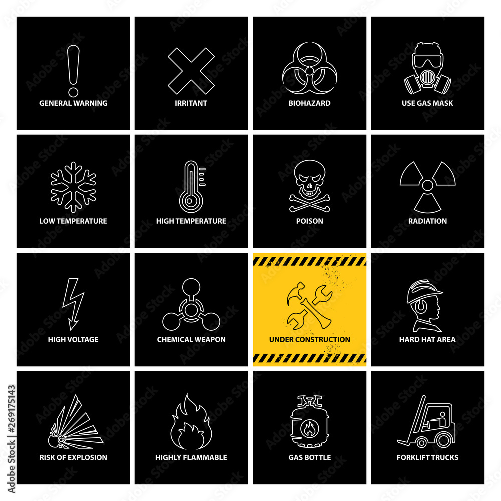 vector set of warning icons, isolated line style danger emblems ...