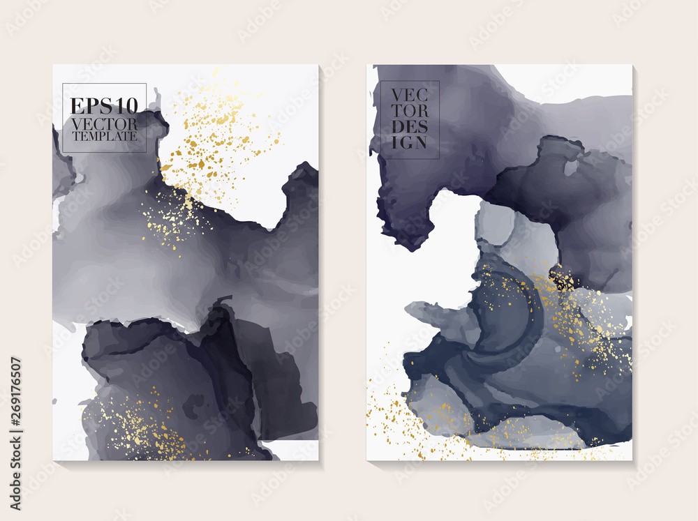 Alcohol ink flow in grey navy colors with golden glitter elements ...