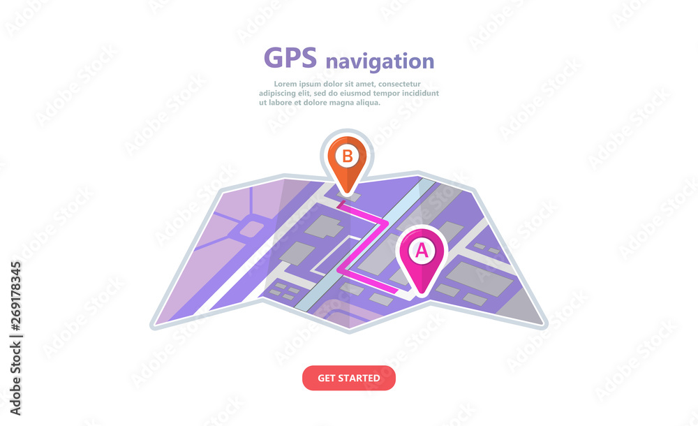 Concept GPS navigation, point location on a city map. Satellite ...