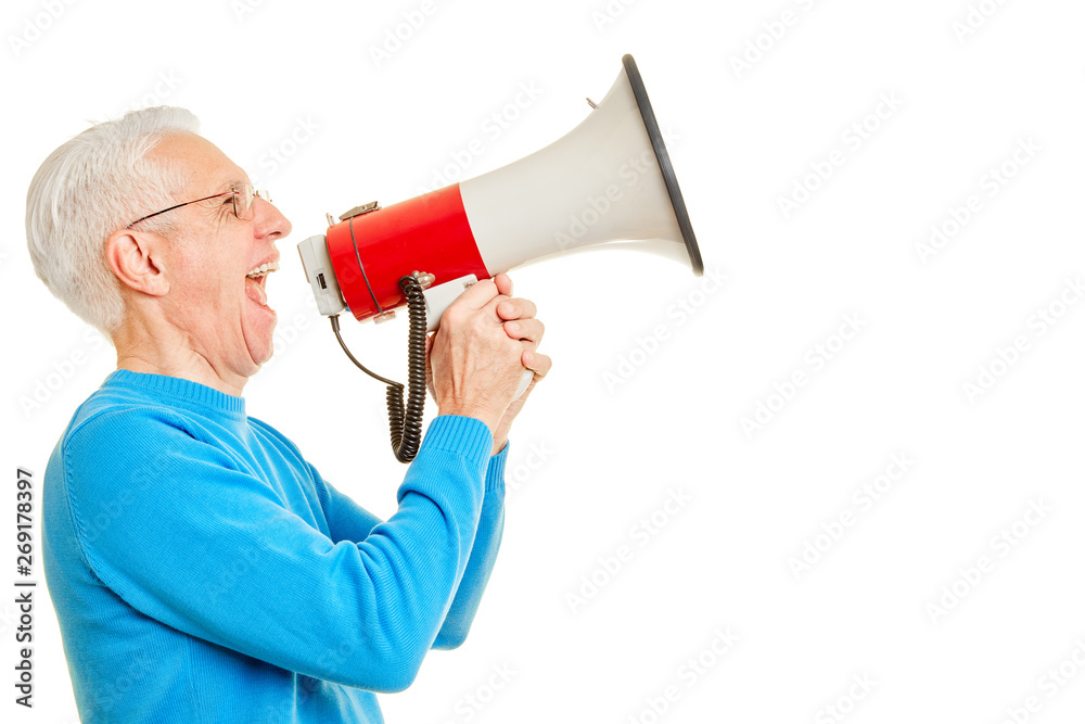 Alter Mann ruft in Megafon zur Kommunikation Stock Photo | Adobe Stock