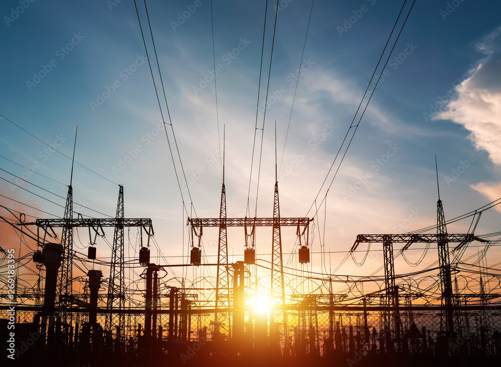 High-voltage power lines. Electricity distribution station. high ...