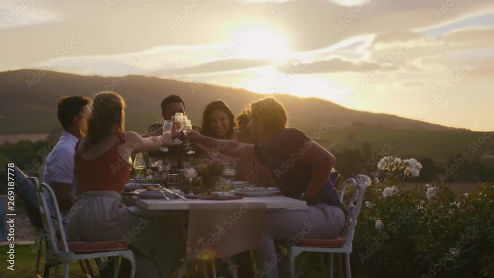 Group of friends making a toast together outdoors. Young people having ...