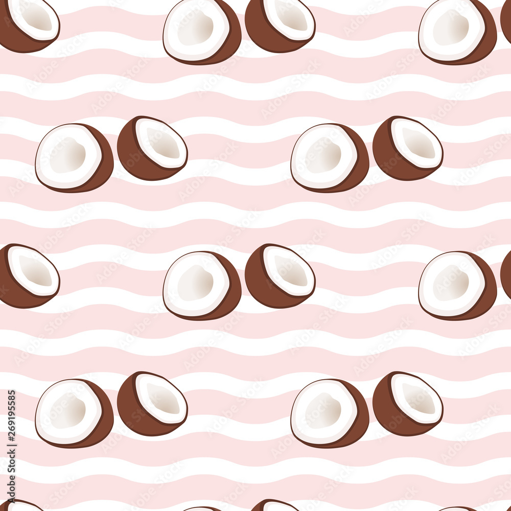 Vector seamless pattern with coconut on wavy backdrop. Exotic ...