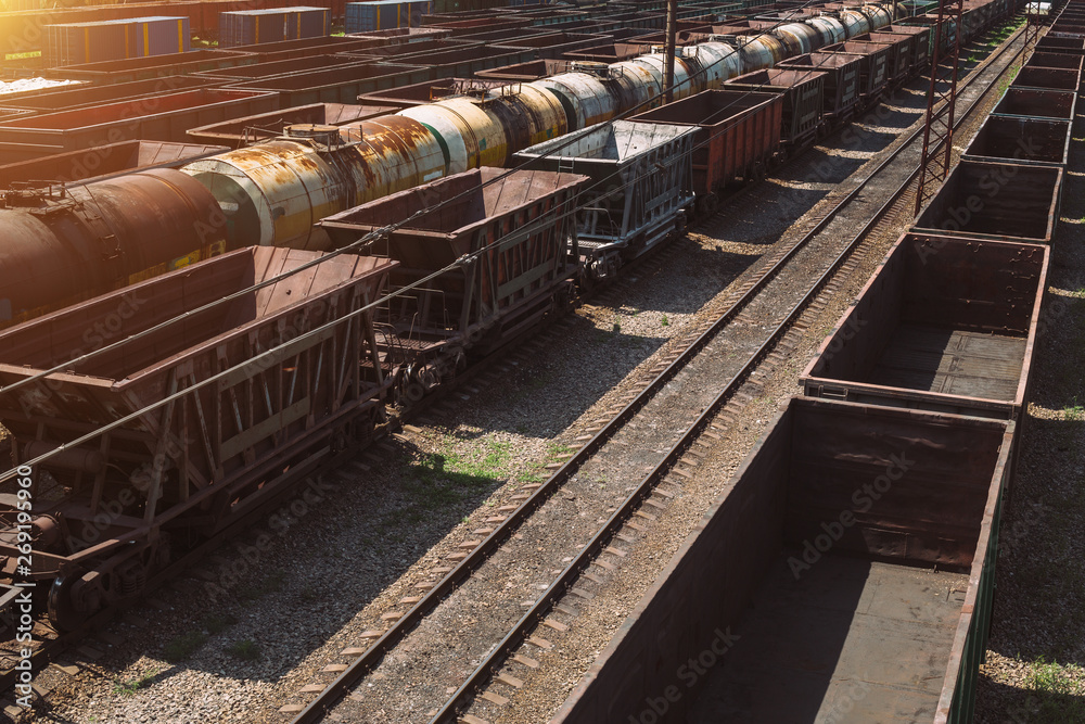 Freight trains on city cargo terminal. Railways in train parking. Arain ...