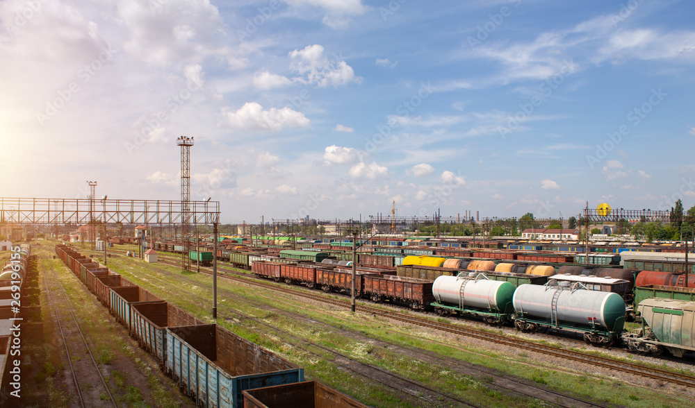 Freight trains on city cargo terminal. Railways in train parking. Arain ...