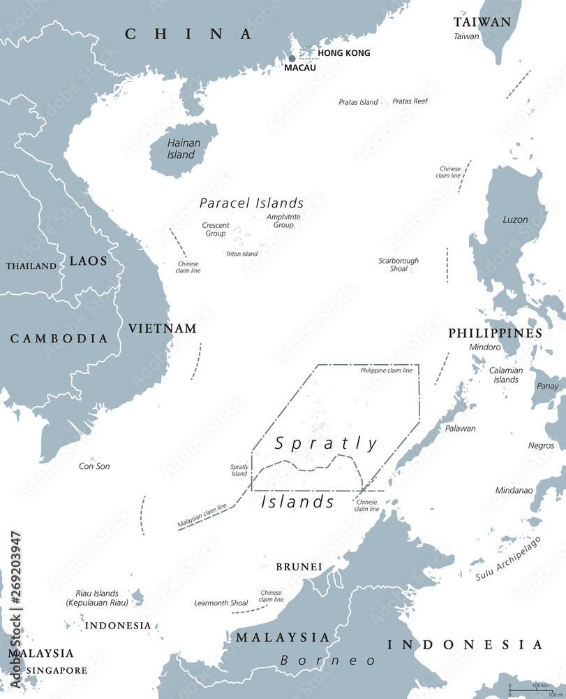 South China Sea Islands, political map. Paracel and Spratly Islands ...