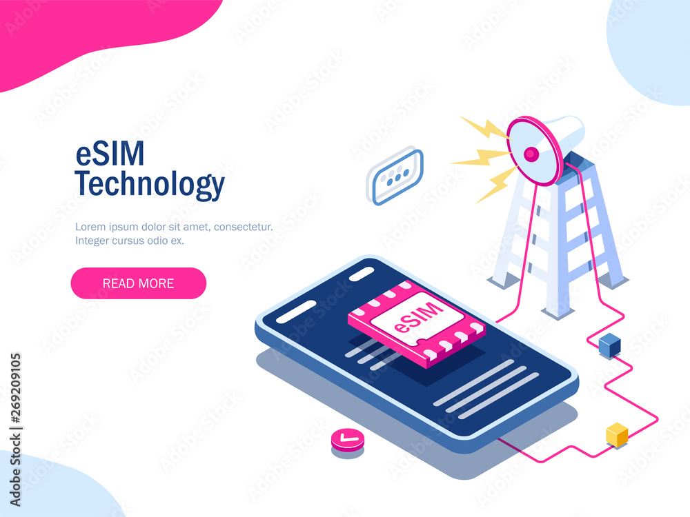 eSIM card chip sign. Gsm tower concept. Futuristic projection sim card ...