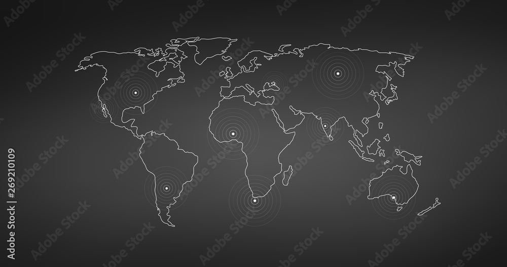 Vector Linear World Map with location radial marker, editable stroke ... Vector Linear World Map with location radial marker, editable stroke ...