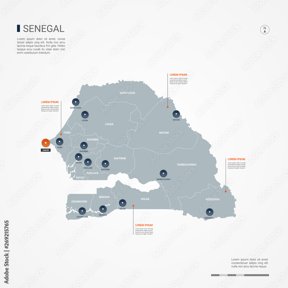 Senegal map with borders, cities, capital and administrative divisions ...