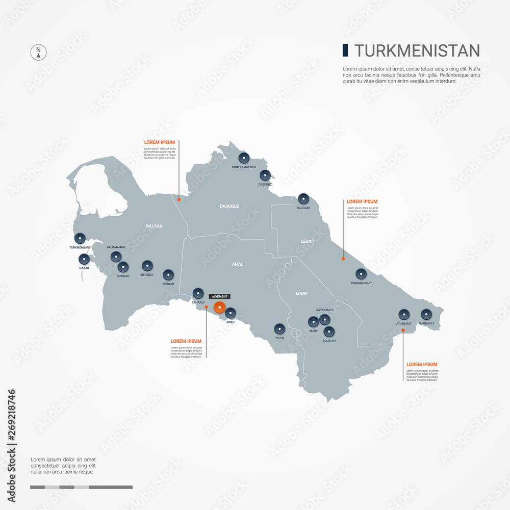 Turkmenistan map with borders, cities, capital and administrative ...