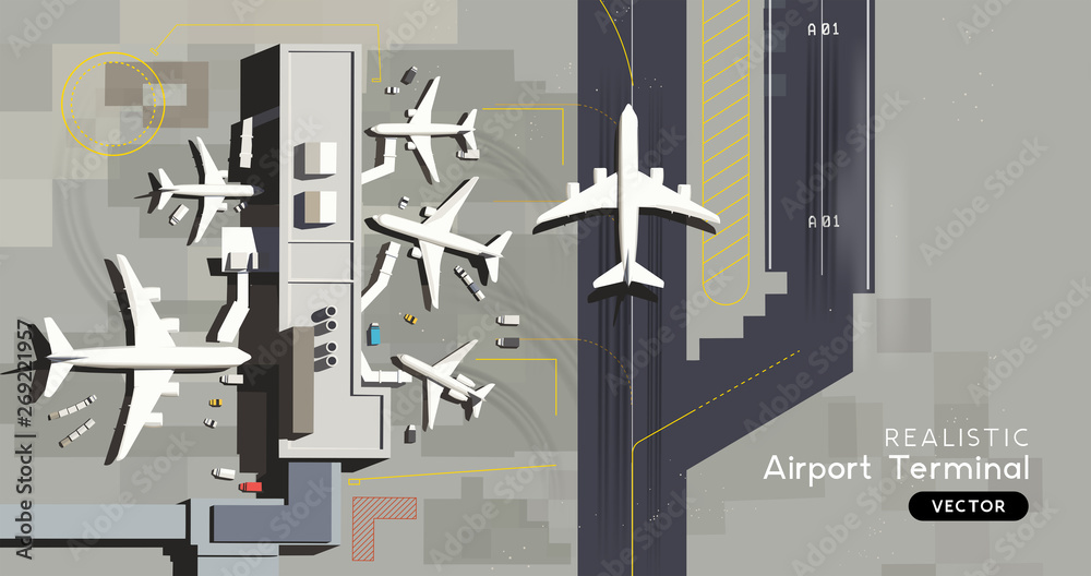 A top aerial view of an airport terminal with arrival and departure ...