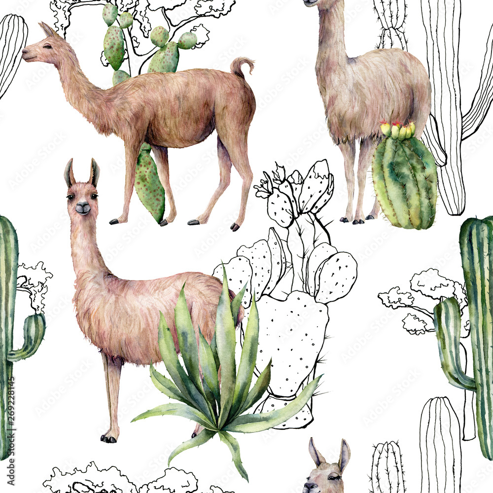 Watercolor seamless pattern with llama and desert cacti. Hand painted ...