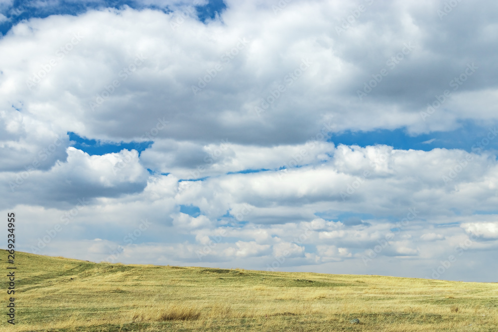 Hilly steppe. Curvy hills. Blue sky with clouds and grass. Beautiful ...