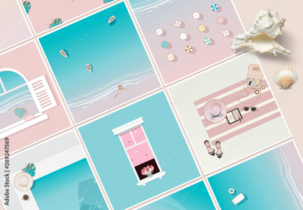 Square Summer Vacation Illustrations Art Kit Stock Template | Adobe Stock