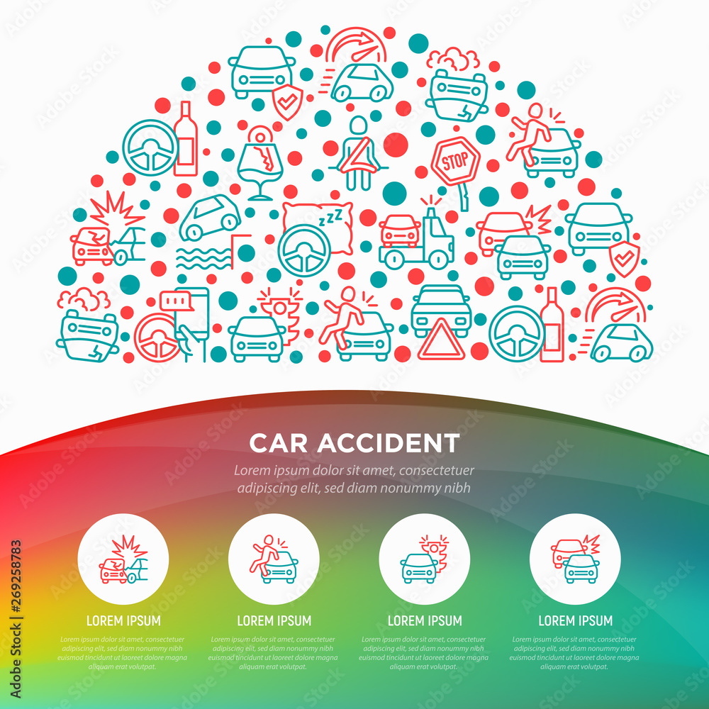 Car accident concept in half circle with thin line icons: crashed cars ...
