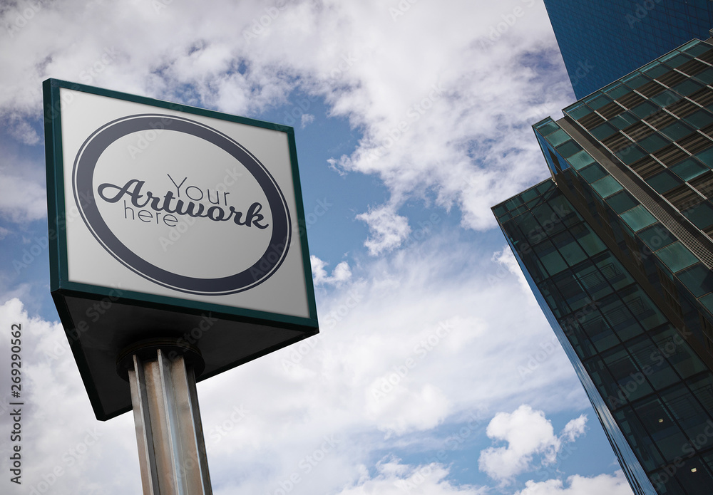 Angled Advertising Sign Mockup Against Sky Stock Template | Adobe Stock