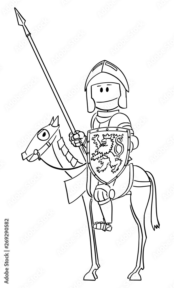 Vector cartoon stick figure drawing conceptual illustration of knight ...