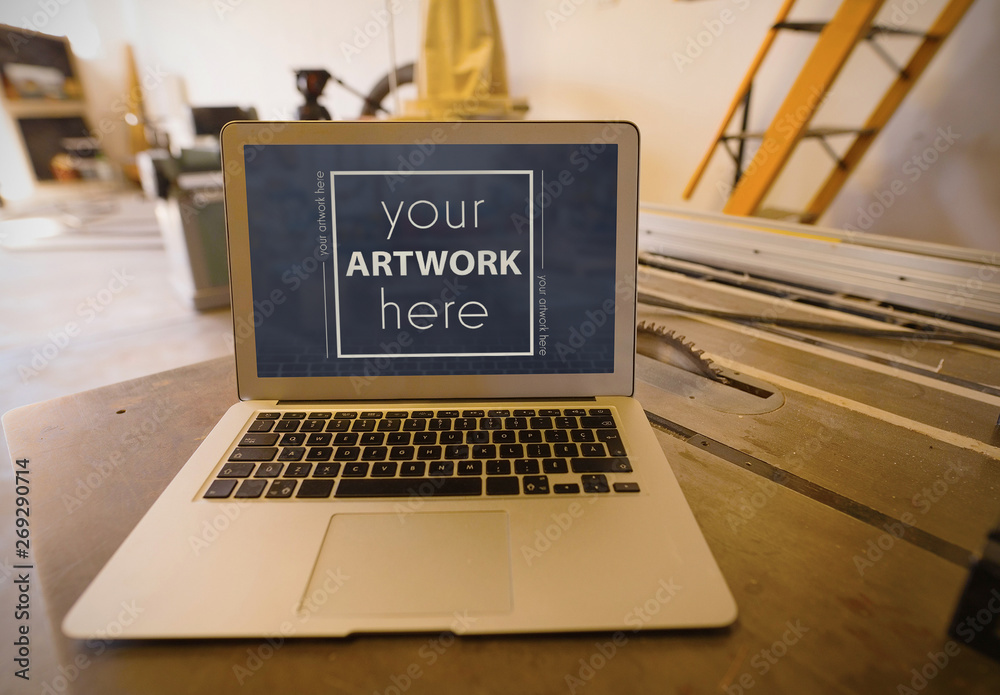European Laptop in Wood Workshop Mockup Stock Template | Adobe Stock