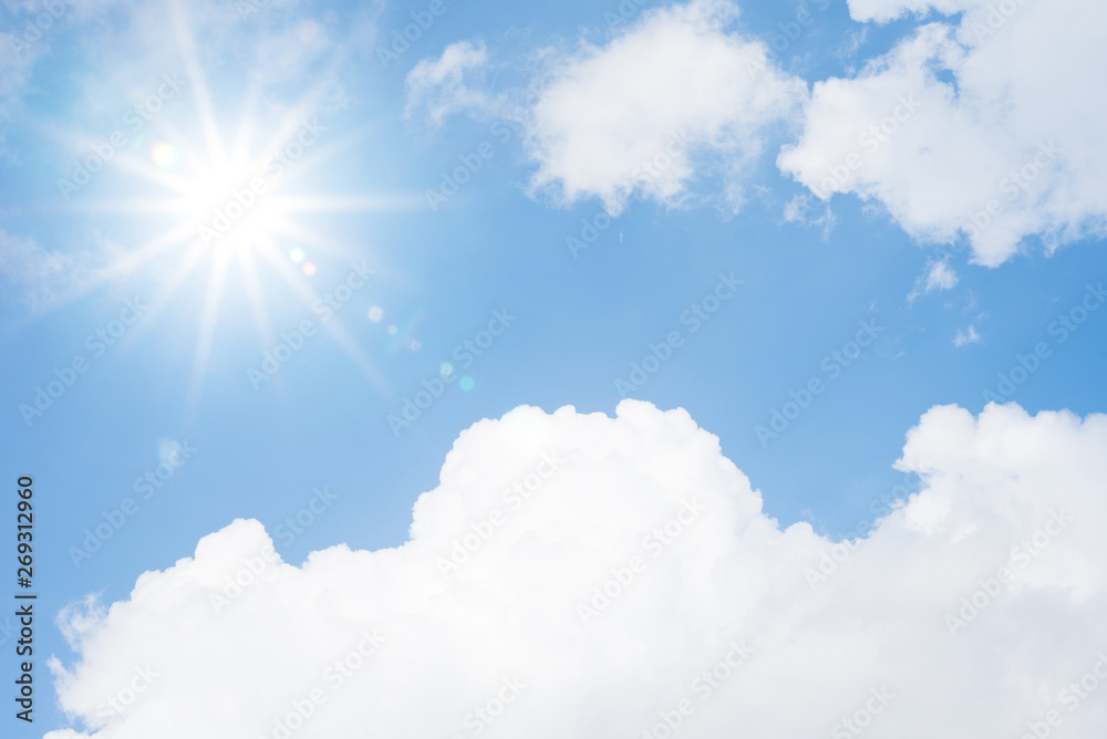 Blue sky cloud sun light background hot high temperature summer day ...