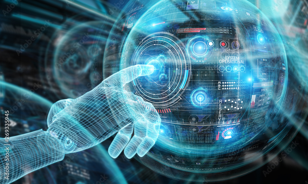 Wireframed blue robot hand touching graph interface on dark background ...