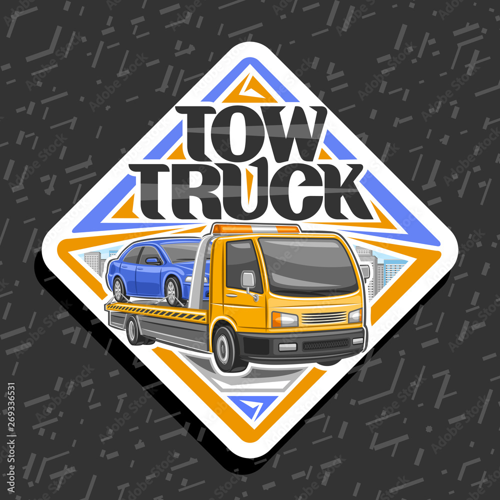 Vector logo for Tow Truck, white sticker with illustration of evacuator ...