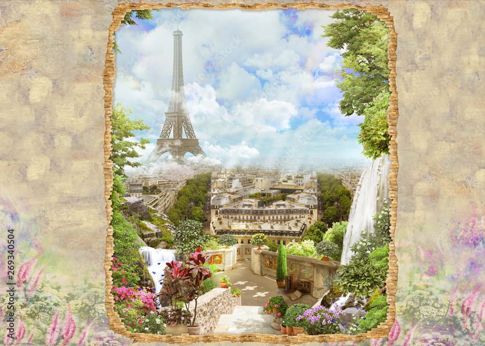 Collage - View of Paris from the Eiffel Tower from the garden with a ...