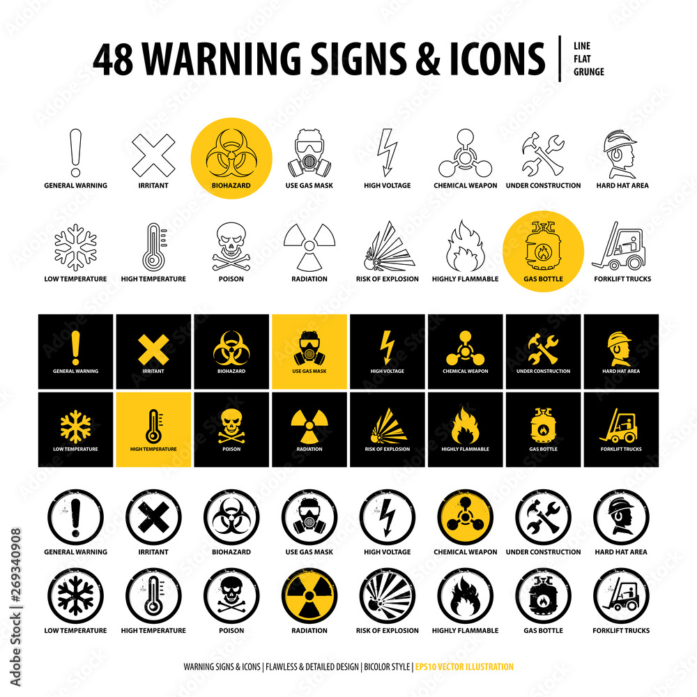 Vecteur Stock vector set of warning signs and icons, 48 isolated danger ...