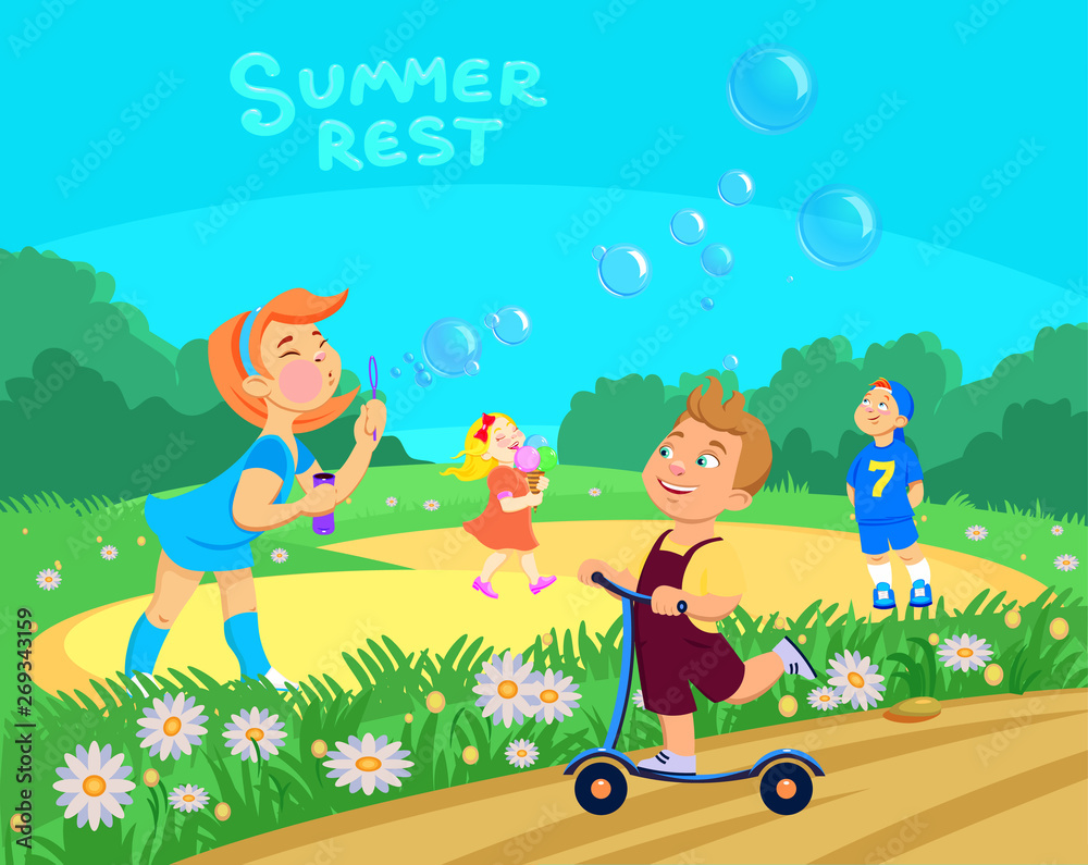 cartoon children characters play in the park, summer vacation Stock ...