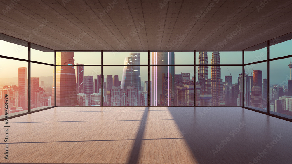 Perspective view of empty wood floor and cement ceiling interior with ...