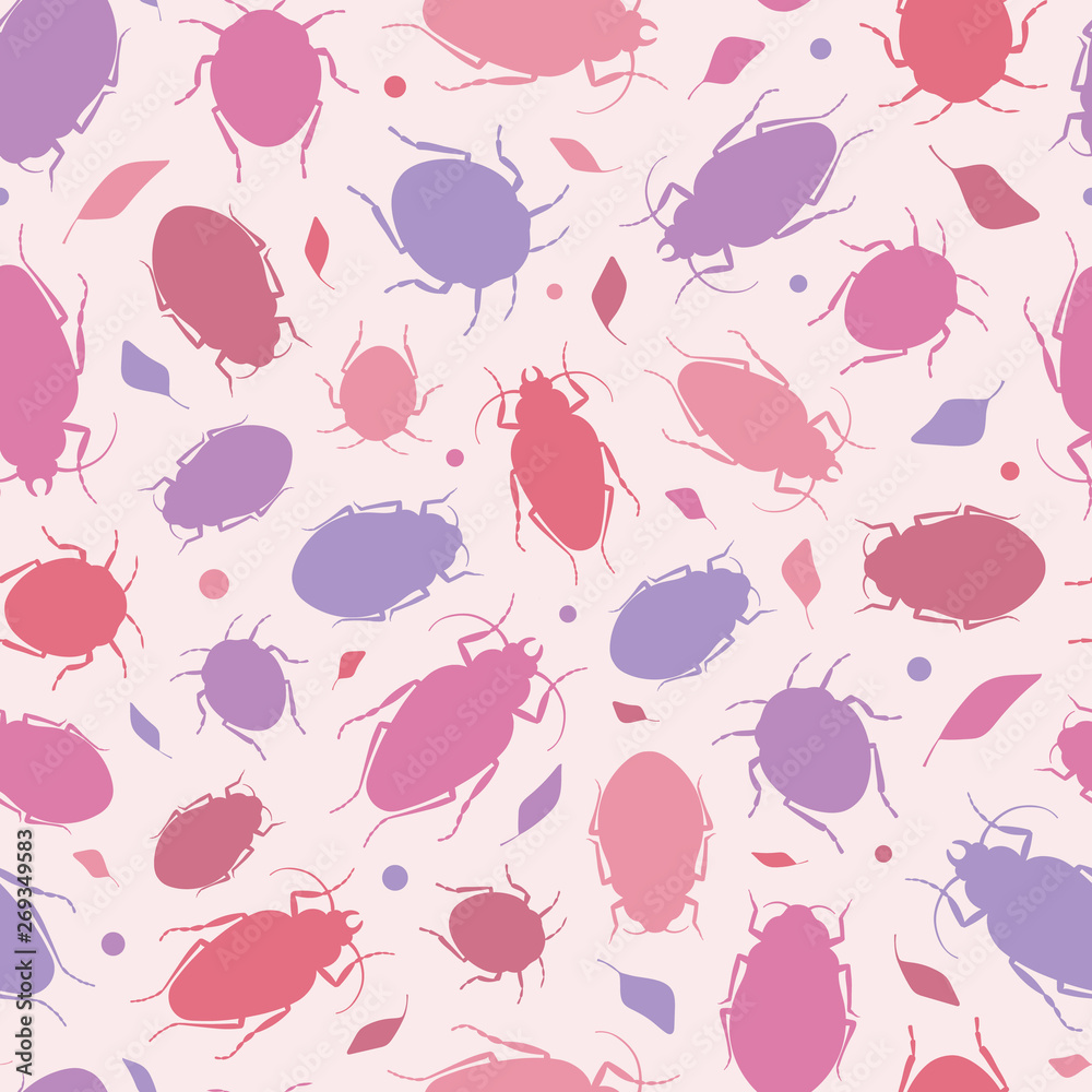 Seamless repeat pattern background of pink and purple beetles and ...