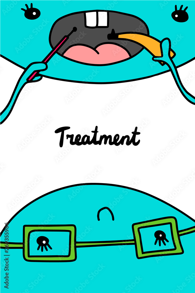Treatment hand drawn vector illustration in cartoon style. Dentist and ...