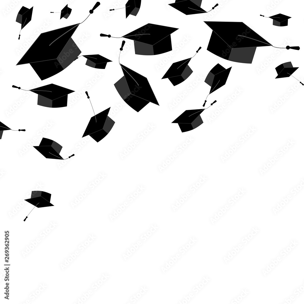Graduate caps on the white background. Corner border. Graduate ceremony ...