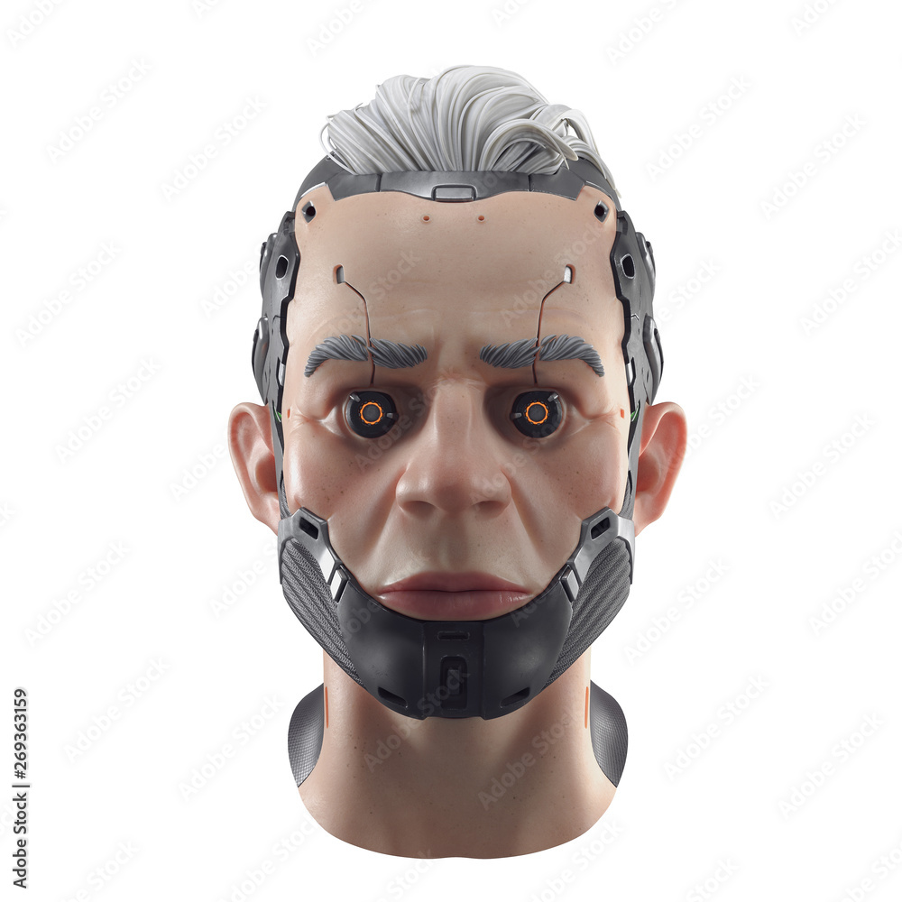 Head with cybernetic implants. Male cyborg face with gray hair. Head of ...