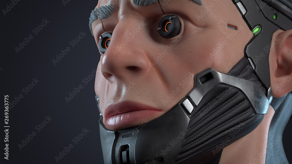 Close up head with cybernetic implants. Male cyborg face with gray ...