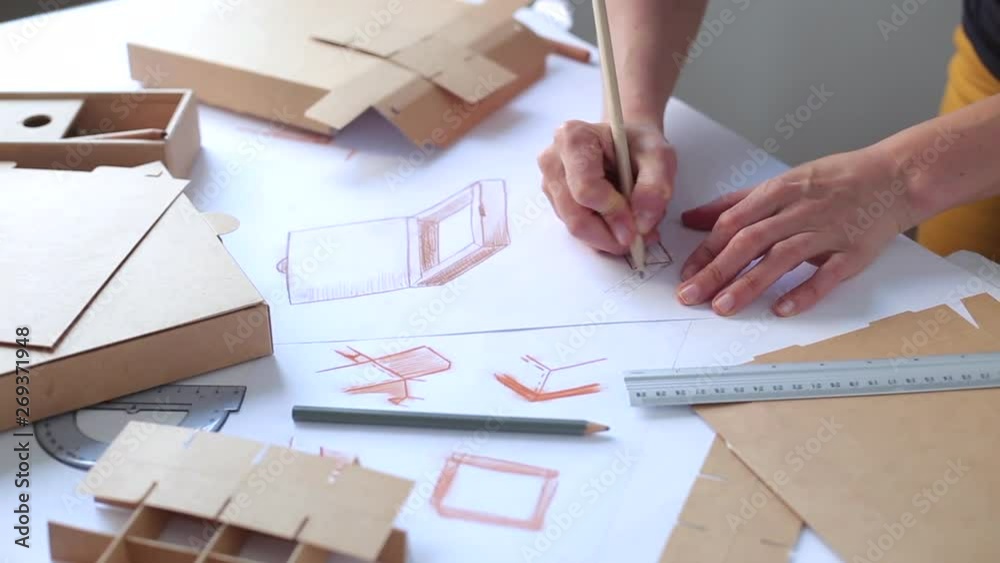 Designer draws a mockup for crafting cardboard box. Development of ...