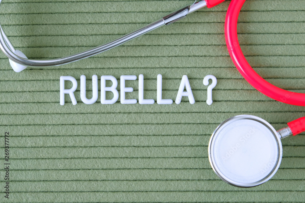 Rubella - text with a question mark of white letters on a green ...