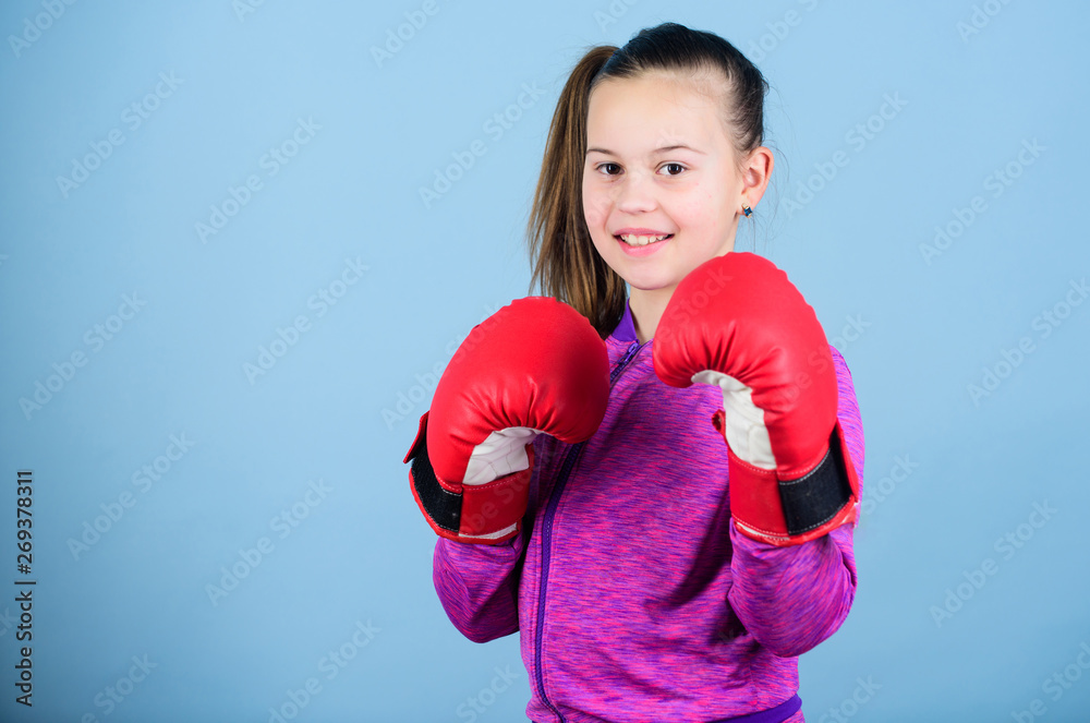 Rise of women boxers. Girl cute boxer on blue background. With great ...