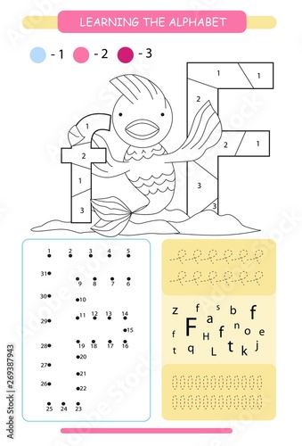 Letter F and funny cartoon fish. Animals alphabet a-z. Coloring page ...