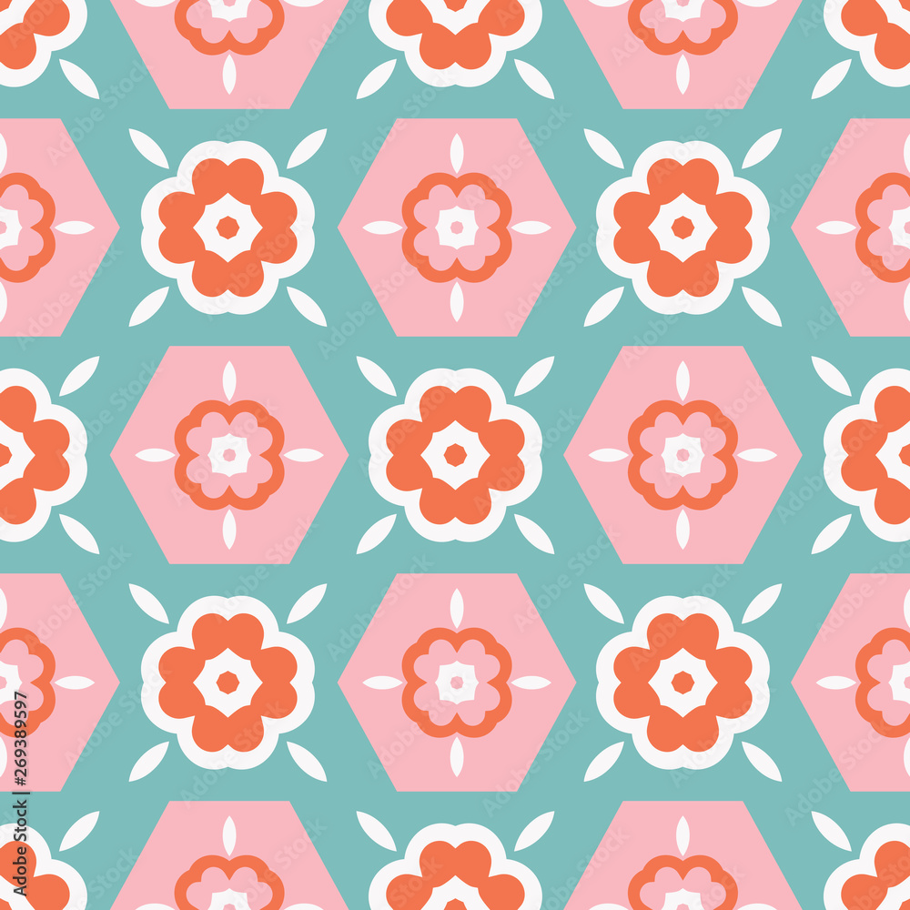 Cute abstract flowers seamless pattern in pink, orange and white on a ...