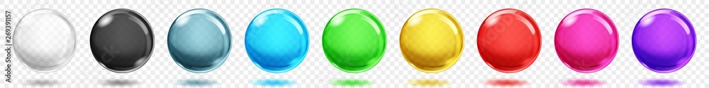 Set of translucent colored spheres with shadows on transparent ...