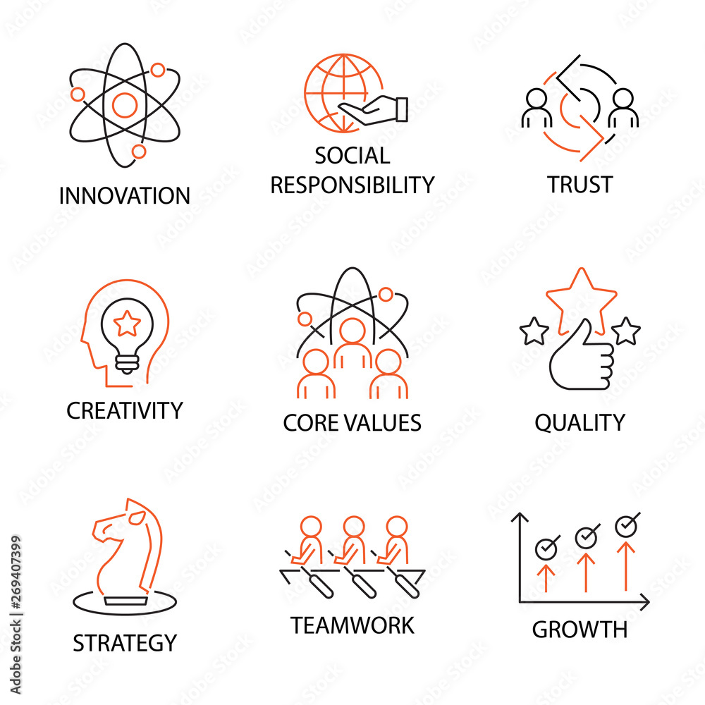 Modern Flat thin line Icon Set in Concept of Business Core Values with ...