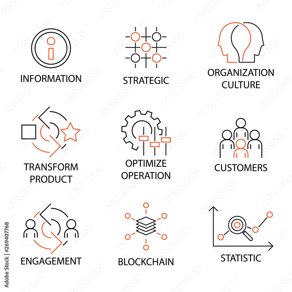 Modern line Icon Set in Concept of Digital Transformation with word ...