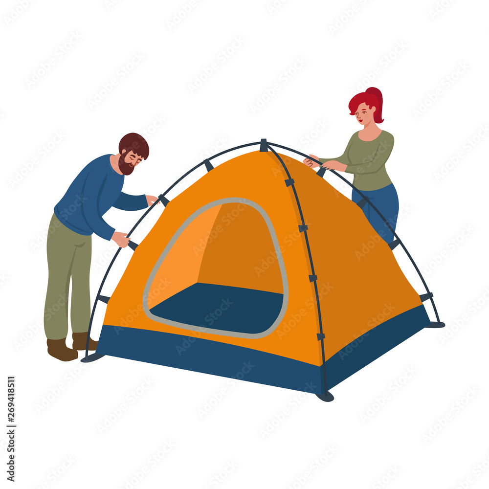 Man and woman putting up a tent together . Vector illustration in flat ...